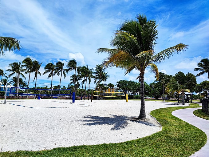 Game on: The beach volleyball court awaits, where "professional" matches break out between strangers who become friends over disputed calls.