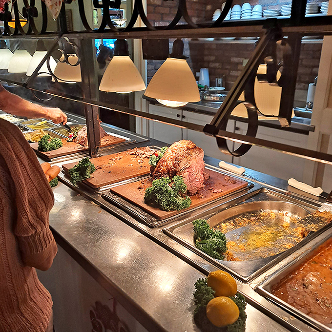 At the carving station, perfectly roasted meats await their turn under the knife, promising satisfaction for even the heartiest appetite.