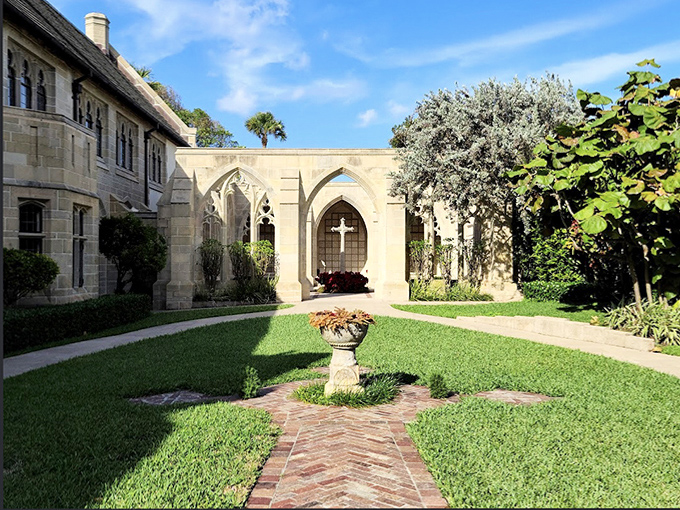 A garden courtyard where medieval design meets tropical splendor, creating a sanctuary where time seems to slow in respectful appreciation.