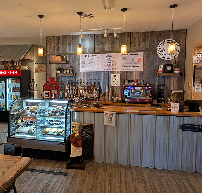 The covered patio offers al fresco dining with a side of people-watching &ndash; wooden tables waiting for the next round of food adventurers.