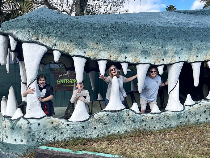 Swampy's massive jaws provide the perfect family photo op. Nothing says "we survived vacation" like pretending to be eaten by Florida's largest concrete reptile.