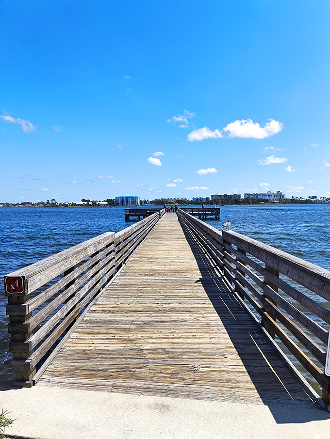 The fishing pier stretches toward possibility &ndash; a wooden runway connecting mainland dreams to island realities across St. Andrews Bay's sparkling waters.