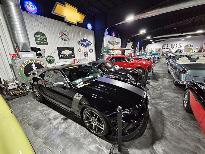 This Mustang sits ready to pounce, its sleek black finish hiding the wild horses under its hood.