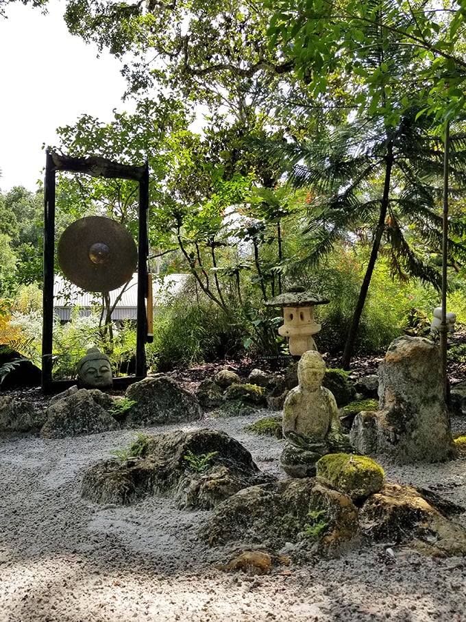 Zen meets Jurassic in this Japanese-inspired garden space. The gong stands ready to summon either meditation or dinosaurs &ndash; possibly both at the same time.