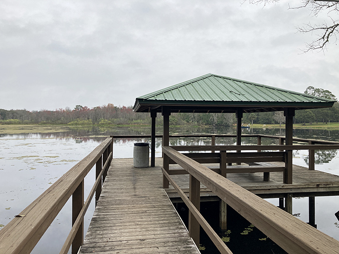 Lake Macy Park's covered dock extends an invitation to fish, contemplate, or simply sit and watch ripples spread across the water's surface.