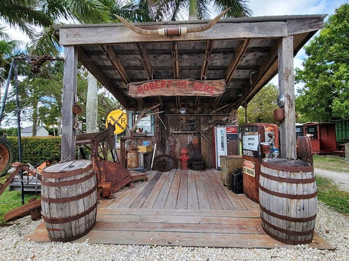 This rustic outbuilding houses vintage farm equipment, a nostalgic nod to Florida's agricultural heritage.