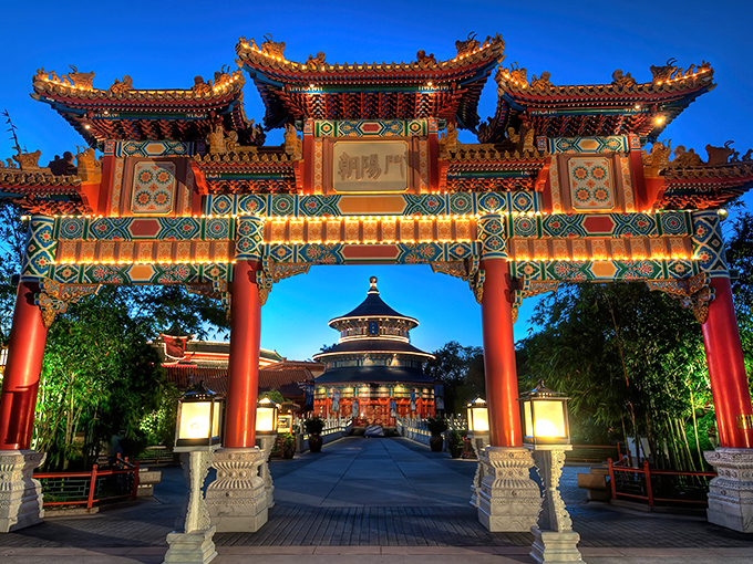 The pavilion transforms after sunset, when lanterns cast their glow and you can pretend you're in ancient Beijing instead of modern Florida.