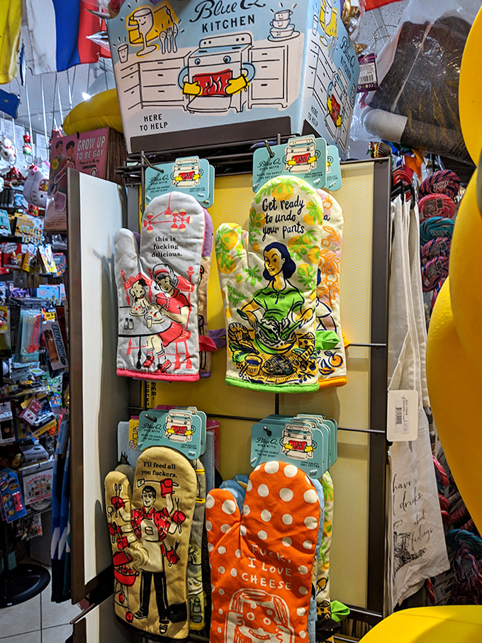 Cheeky oven mitts declare "Get ready to undo your pants" – kitchen accessories with personality that make cooking less of a chore.