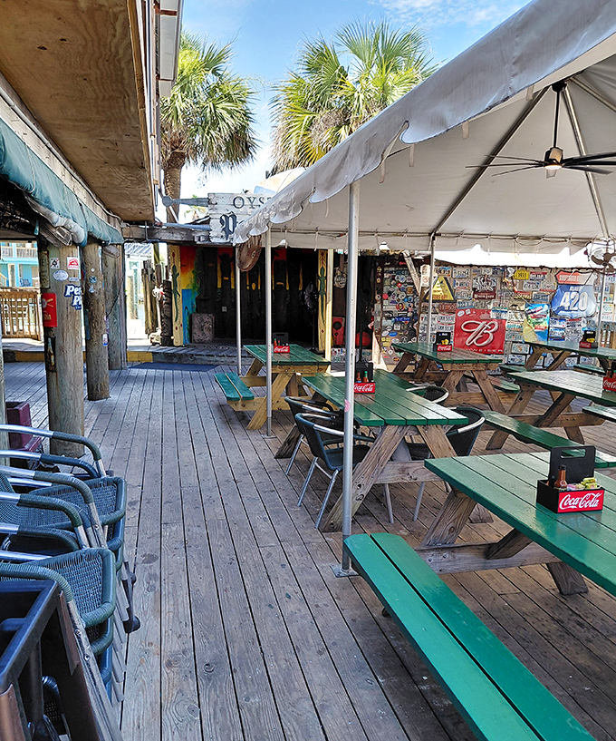 Picnic tables under a canopy create the perfect setting for seafood feasts where hours slip by unnoticed and worries wash away.