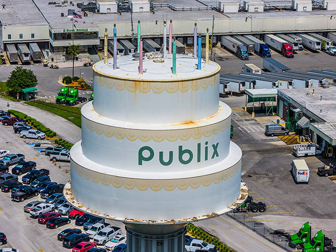 Aerial photography reveals the tower's strategic position at Publix headquarters, where it serves as both functional infrastructure and beloved corporate mascot.