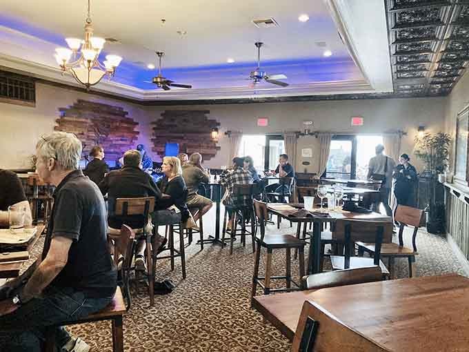 The dining room fills with happy guests who've discovered that wine and good company make everything better.