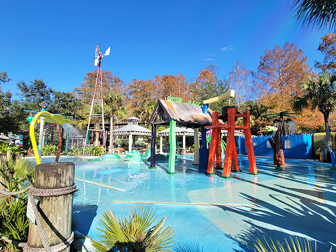 Splash park paradise where kids can cool off after gator-watching, proving not all Florida water activities involve reptiles.