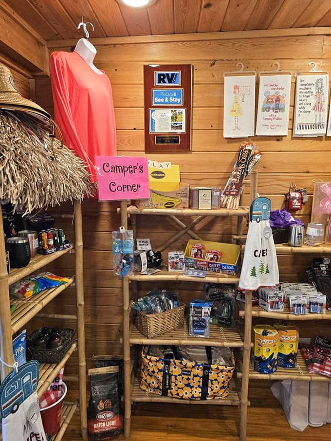 The merchandise area caters to campers and wine lovers alike, because apparently those two groups have more overlap than you'd think.