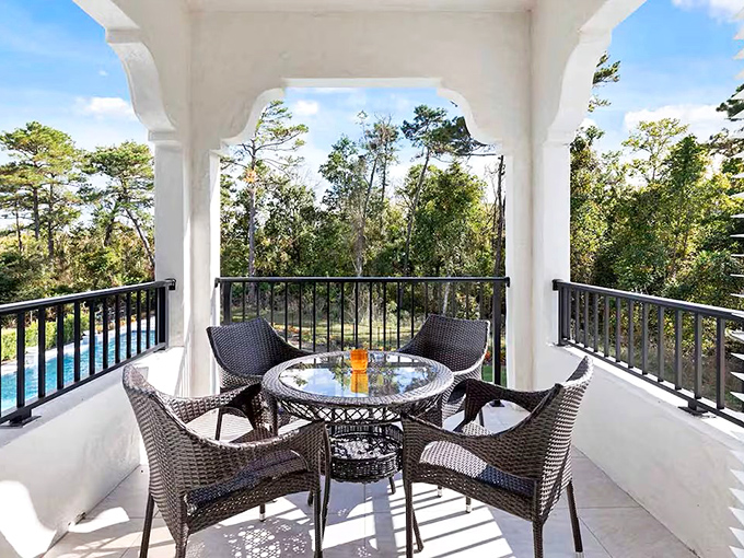 Morning coffee tastes better with a view &ndash; this balcony offers fresh air, nature views, and the perfect escape from your castle adventures.