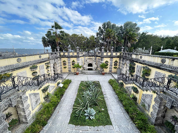 Terraced walls that create garden rooms within rooms, like a beautiful architectural nesting doll situation that actually makes sense.