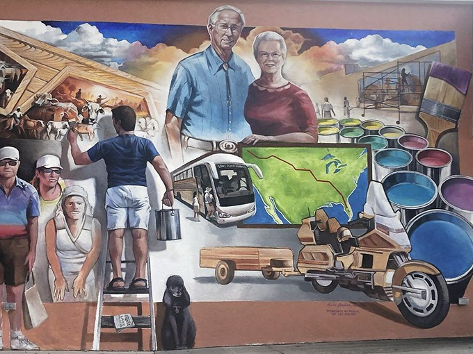 Local history, tourism, and artistry converge in this meta-mural showing the very creation of Lake Placid's famous paintings.