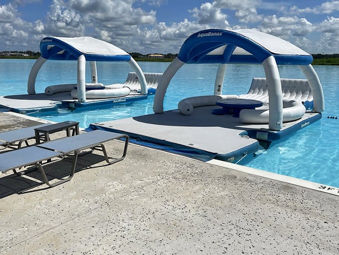 Floating cabanas proving that shade and luxury can peacefully coexist on water.