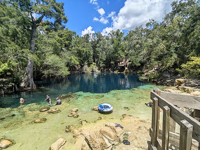 Swimmers dot the azure waters like happy human sprinkles on nature's most perfect swimming pool cake.