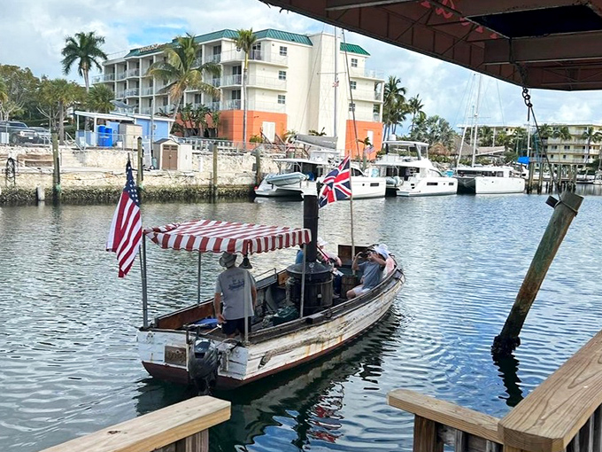 Marina life moves at its own pace as the African Queen slips between modern vessels like a time traveler visiting from 1912.