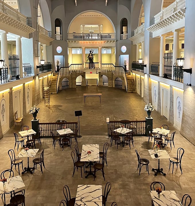What was once a grand hotel space now serves as a unique dining area, where visitors can enjoy lunch surrounded by history and elegant architecture.