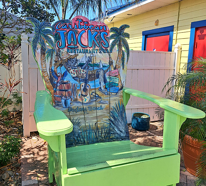 This oversized Adirondack chair painted with Caribbean Jack's logo has launched a thousand vacation photos and twice as many smiles.