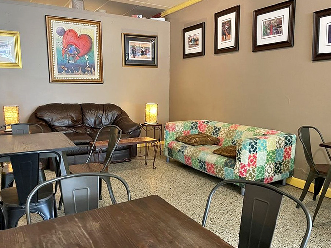 Eclectic d&eacute;cor with comfortable seating options &ndash; part coffee shop, part community living room, all charm.