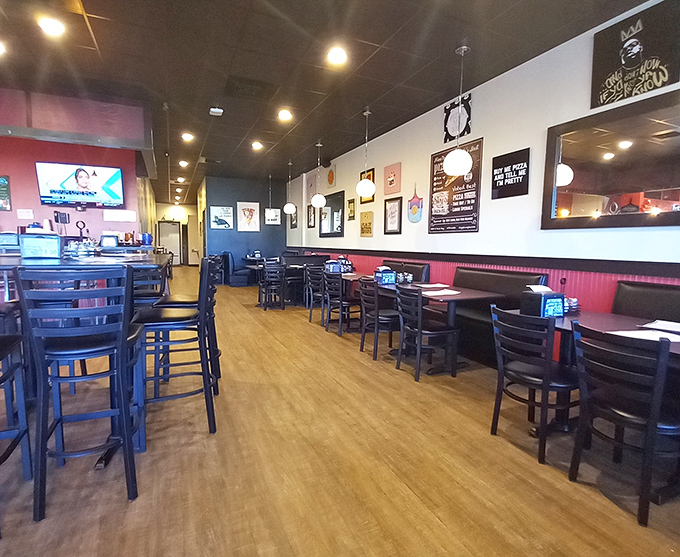 The spacious dining area features comfortable seating arrangements perfect for everything from family dinners to casual meetups.