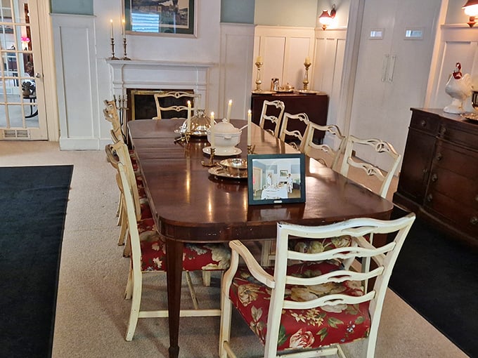 The formal dining room, where discussions over dinner might have shaped post-war policy, showcases the elegant simplicity of mid-century presidential entertaining.