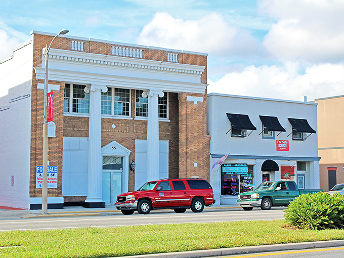 Historic brick buildings line Umatilla's main street, housing local businesses that have served generations of residents and visitors.