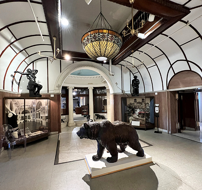 A massive bear stands guard in one of the museum's many exhibit spaces, where natural history meets human craftsmanship.