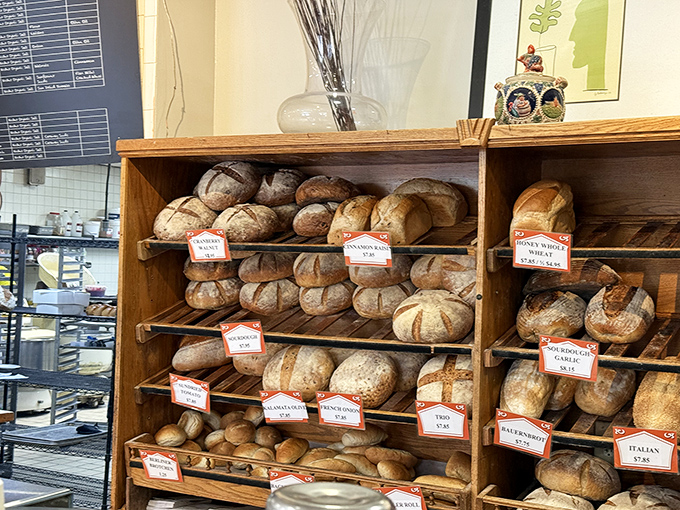 Shelves lined with fresh-baked bread in various styles prove this bakery takes its craft seriously, offering loaves that put grocery store bread to shame.