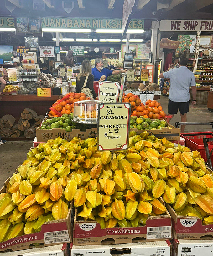 Tropical treasure trove! Star fruit, tangerines, and other exotic delights create a colorful mosaic that's as much a feast for the eyes as for the palate.