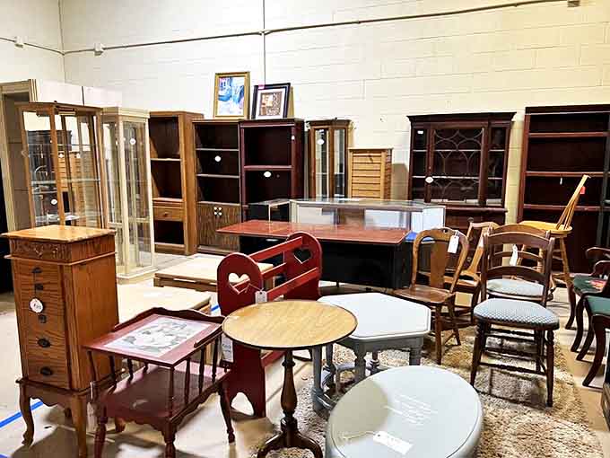 Antique furniture creates islands of different decades, where shoppers can mentally redecorate their homes with pieces that have proven their durability.