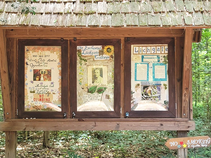 The information board reveals Lichgate's story &ndash; a professor's dream of creating a sanctuary where literature meets landscape.