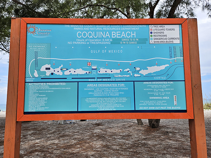 This informational sign offers fascinating facts about Coquina Beach, though the real education happens when you step onto the trails.