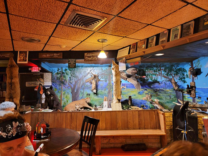 Nature meets nurture in this dining space, where taxidermy specimens and painted murals create an immersive Florida wildlife experience between bites.