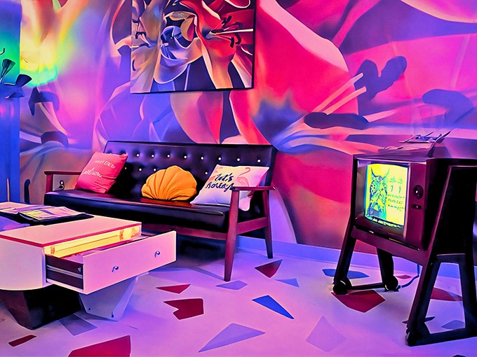 Mid-century modern meets Miami Vice in this vibrant lounge area. That retro TV probably gets channels from another dimension.