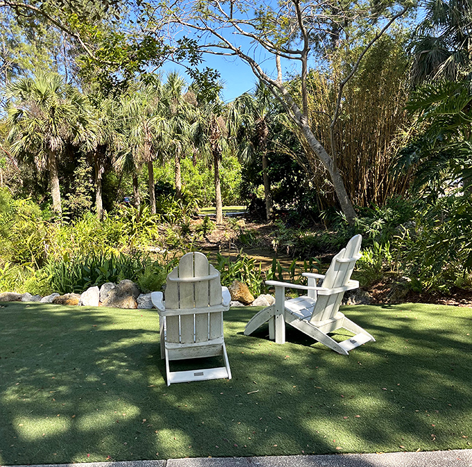 Adirondack chairs invite weary garden explorers to take a load off and contemplate nature's masterpiece from a seated position.