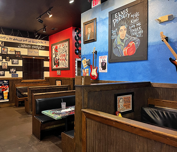 Elvis watches over diners from his place of honor on the wall. The King would approve of both the music and the menu.