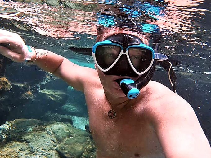 Taking the plunge! Getting a diver's-eye view of the crystal-clear spring from below is like discovering a whole new world.