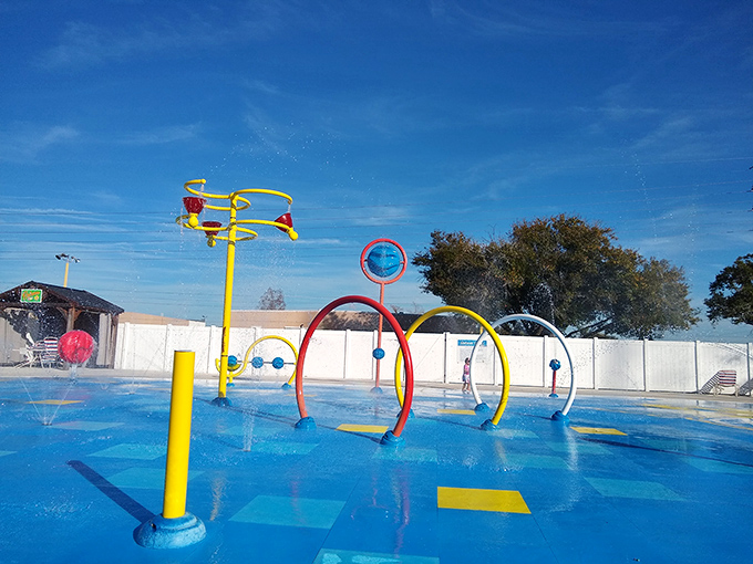 Primary-colored splash pads offer cooling relief on scorching Florida days. Water and children: nature's most reliable entertainment combination since prehistoric times.