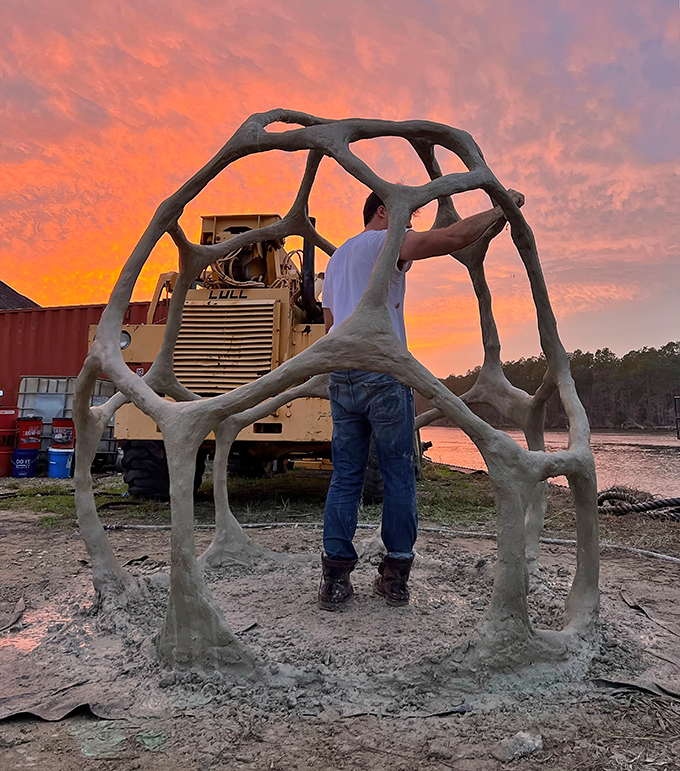 Sunset silhouettes the creation process as an artist puts finishing touches on what will become an underwater masterpiece.