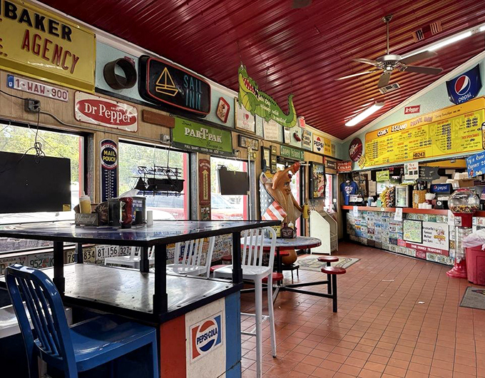 Vintage signs and classic memorabilia create a museum-like atmosphere where every meal comes with a side of American nostalgia.