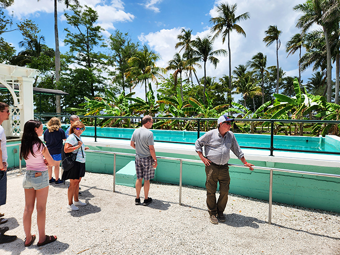 Tour guides share fascinating stories about Edison's experiments while guests gather around the historic swimming pool that once refreshed famous visitors.