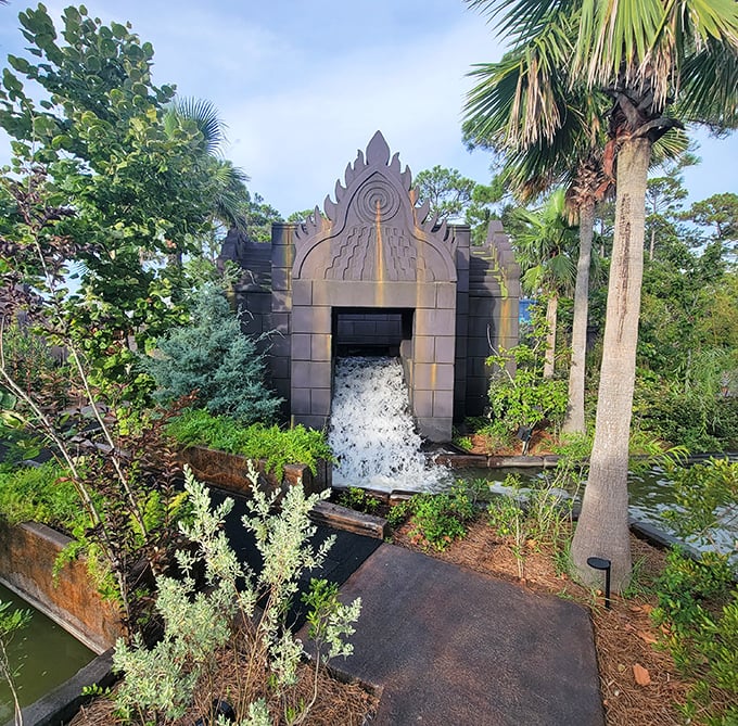 The temple-inspired water flume creates a refreshing splash zone, combining ancient architectural aesthetics with good old-fashioned getting-soaked fun.