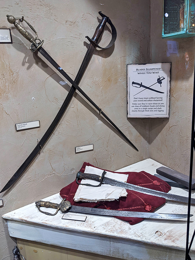 "Blades sharpened while you wait" &ndash; this humorous sign accompanies deadly serious cutlasses that once sliced through naval battles.