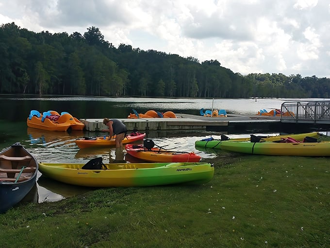 A rainbow fleet of kayaks awaits adventurers ready to explore beyond the main spring basin.