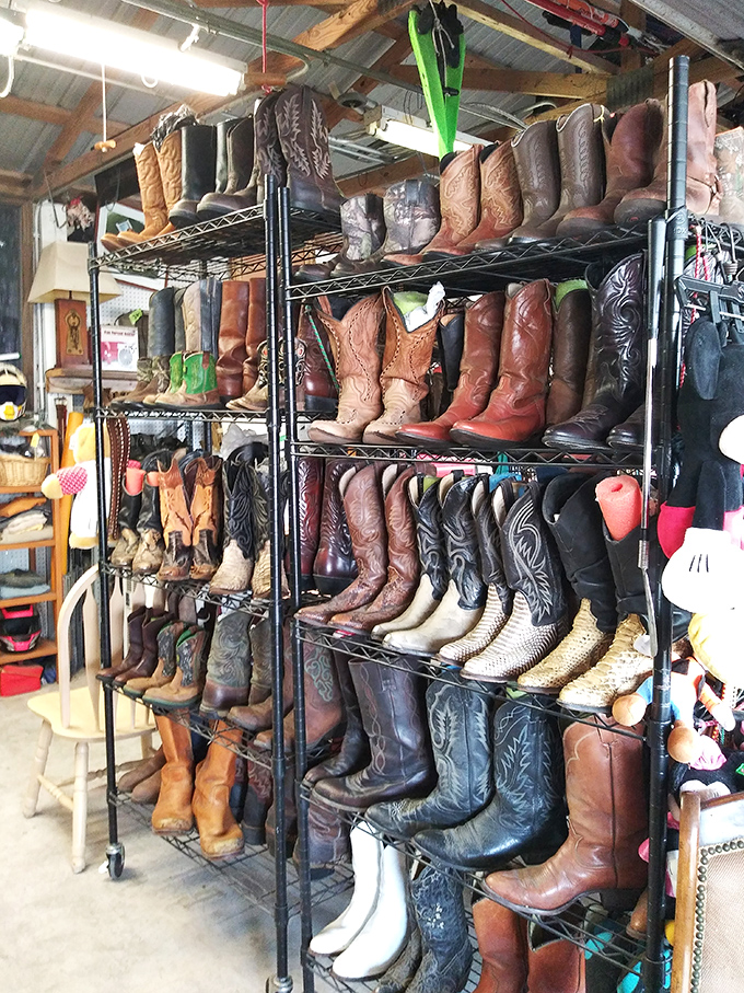 Cowboy boots in every imaginable style stand at attention, each pair waiting for new adventures on different feet.
