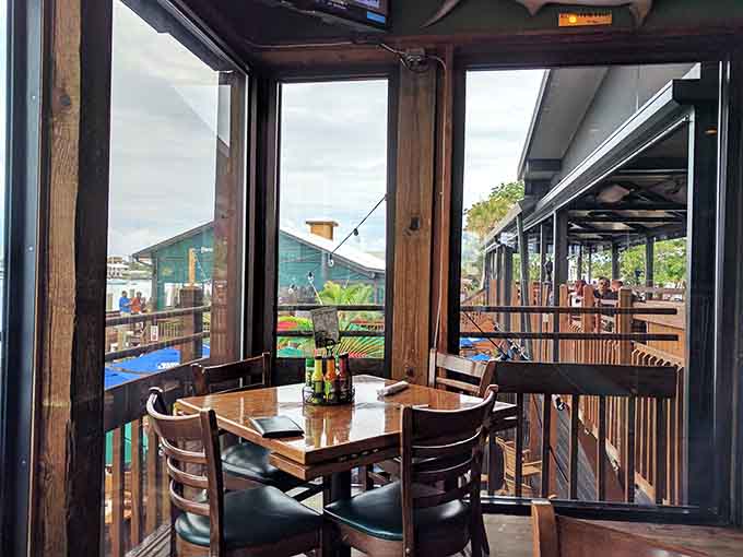 Window-side tables provide front-row seats to the waterfront action while you enjoy your meal in air-conditioned comfort.