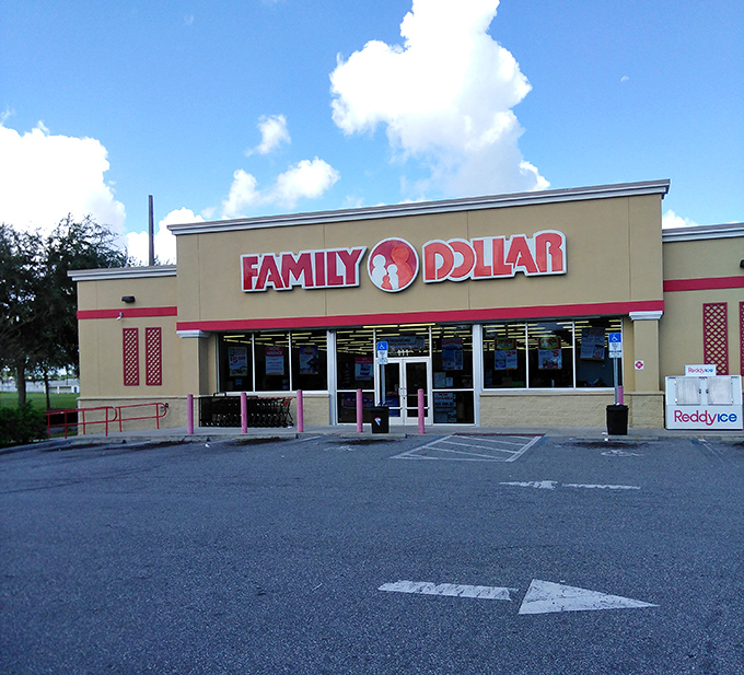 Even chain stores like Family Dollar take on local character in Eatonville, serving as practical resources for everyday community needs.